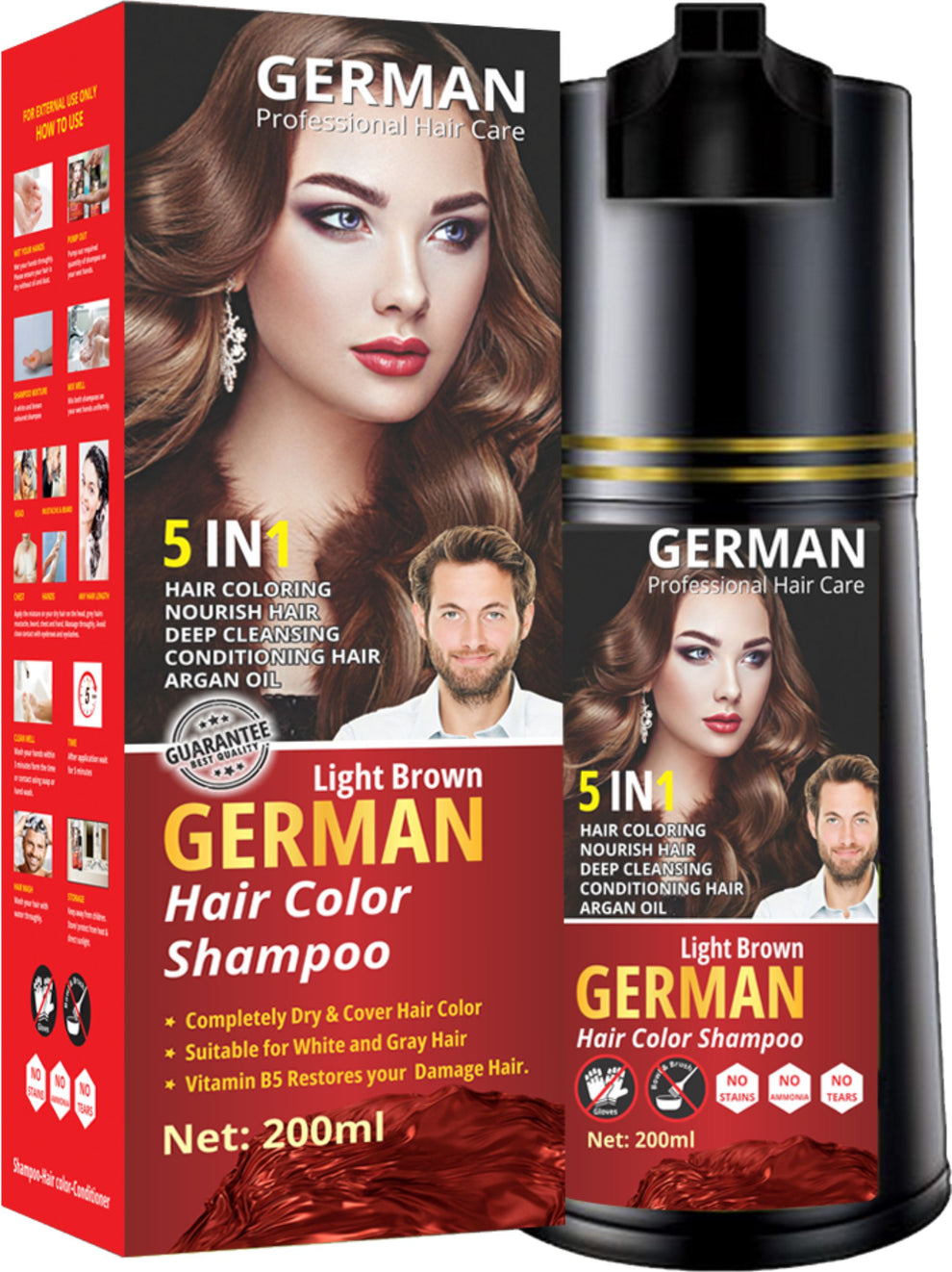German Hair Color Shampoo 5-in-1, with Keratin, Argan Oil, Vitamin B5 ...